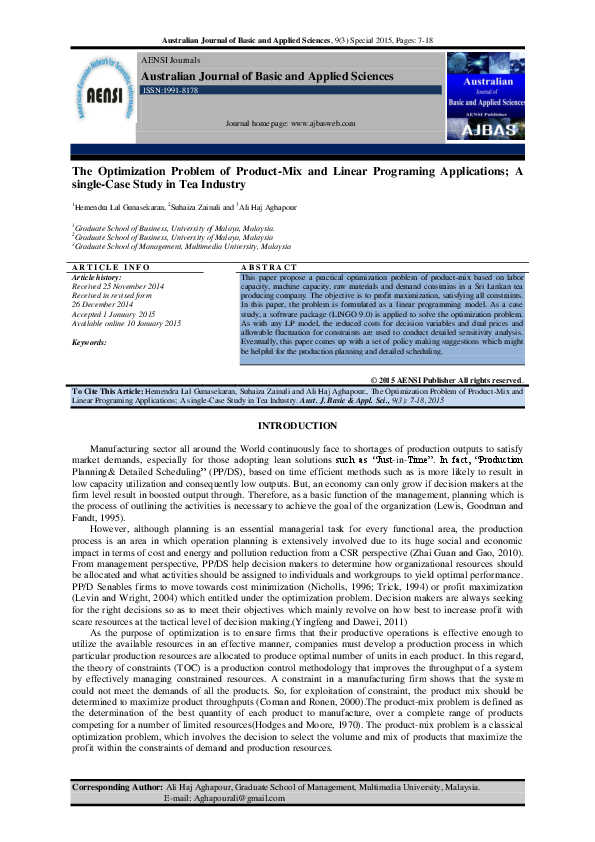 (PDF) The Optimization Problem of Product-Mix and Linear Programing ...