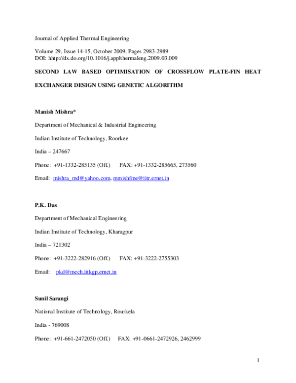 (PDF) Second law based optimisation of crossflow plate-fin heat exchanger design using genetic ...