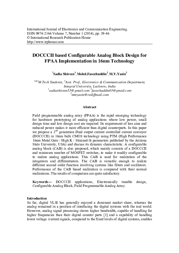 Pdf Docccii Based Configurable Analog Block Design For Fpaa Implementation In 16nm Technology