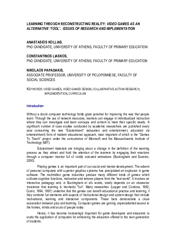 (PDF) LEARNING THROUGH RECONSTRUCTING REALITY: VIDEO GAMES AS AN ...
