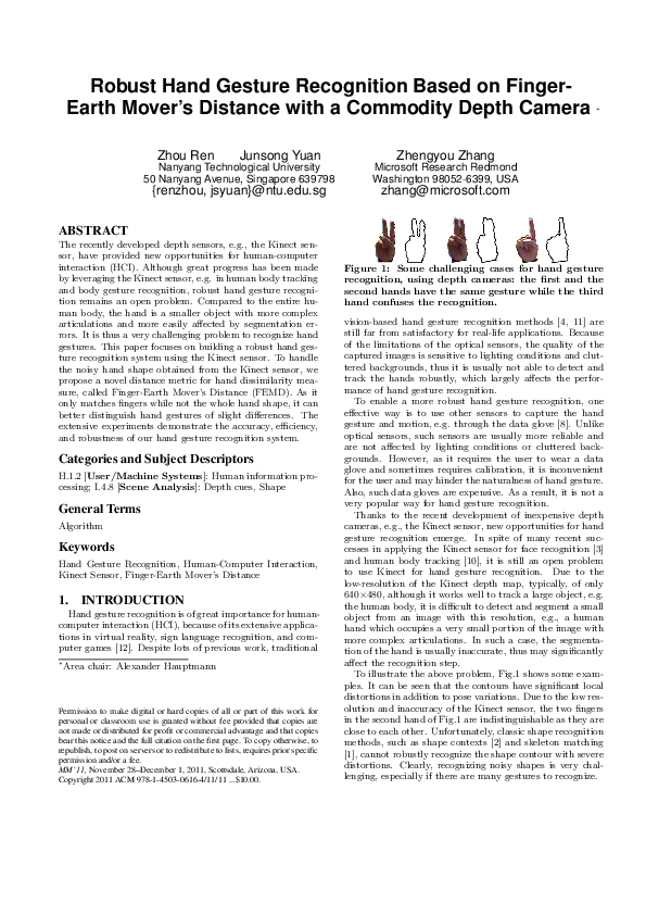(PDF) Robust Hand Gesture Recognition Based on Finger Earth Mover’s Distance with a Commodity ...