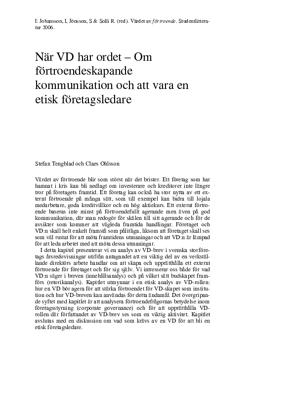 (PDF) När VD har ordet – Om förtroendeskapande kommunikation och att vara en etisk företagsledare