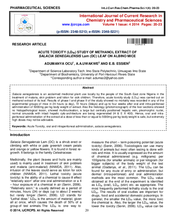 (PDF) ACUTE TOXICITY (LD50) STUDY OF METHANOL EXTRACT OF SALACIA ...