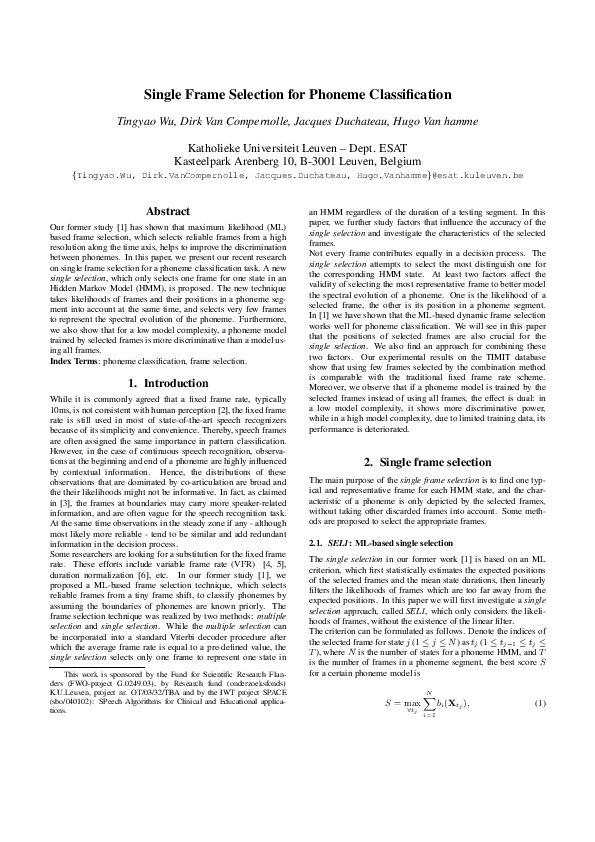 (PDF) Single frame selection for phoneme classification | Hugo Van ...