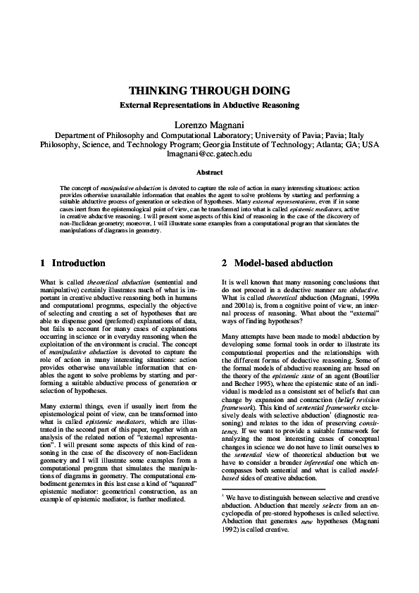 (PDF) L. Magnani (2002), THINKING THROUGH DOING External Representations in Abductive Reasoning