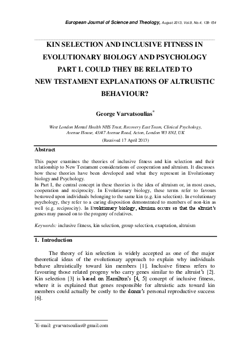 (PDF) KIN SELECTION AND INCLUSIVE FITNESS IN EVOLUTIONARY BIOLOGY AND ...