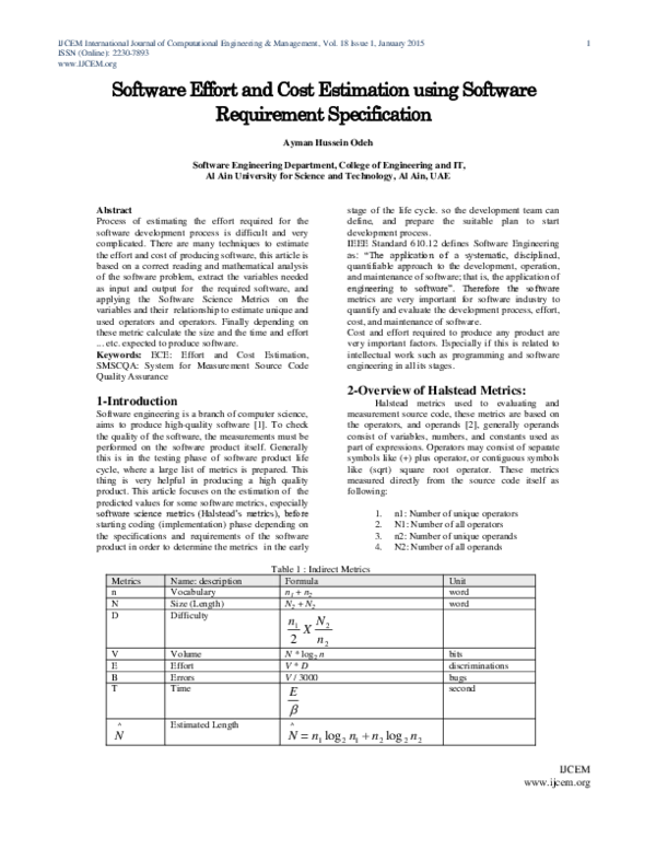 Pdf Software Effort And Cost Estimation Using Software Requirement Specification