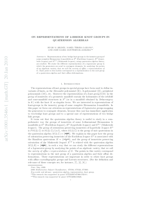 (PDF) On representations of 2-bridge knot groups in quaternion algebras