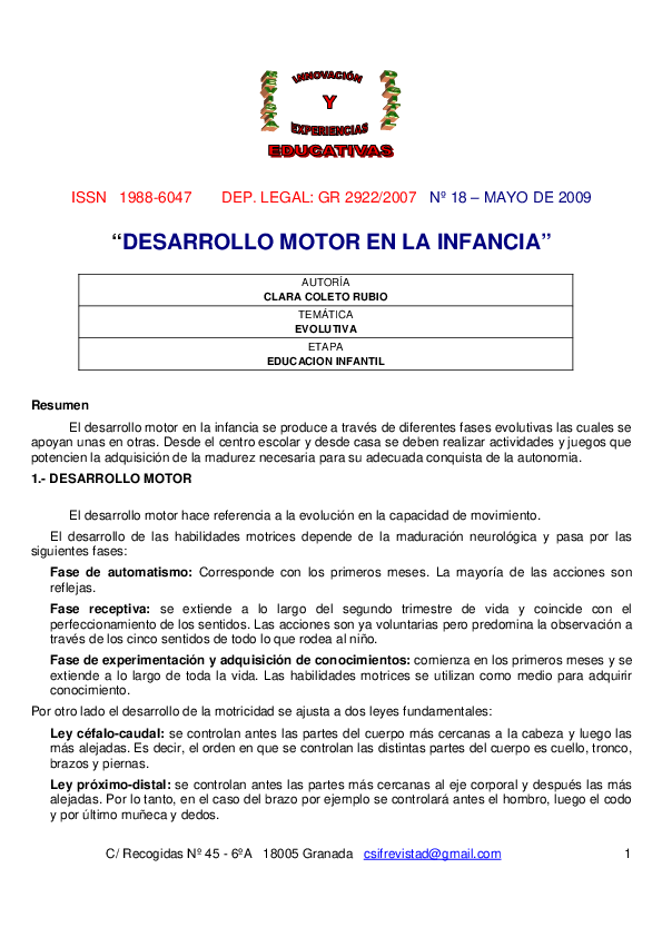 (PDF) “DESARROLLO MOTOR EN LA INFANCIA”