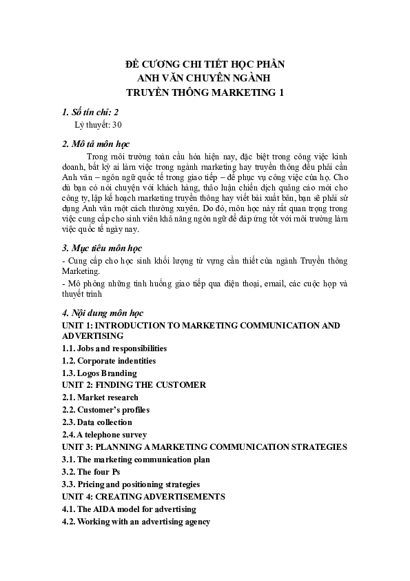 (DOC) TRUY N THÔNG MARKETING 1 Lý thuy t: 30