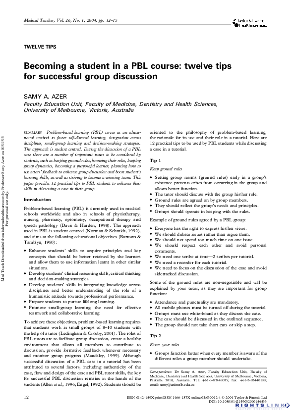 (PDF) Twelve Tips Becoming a student in a PBL course: twelve tips for successful group discussion