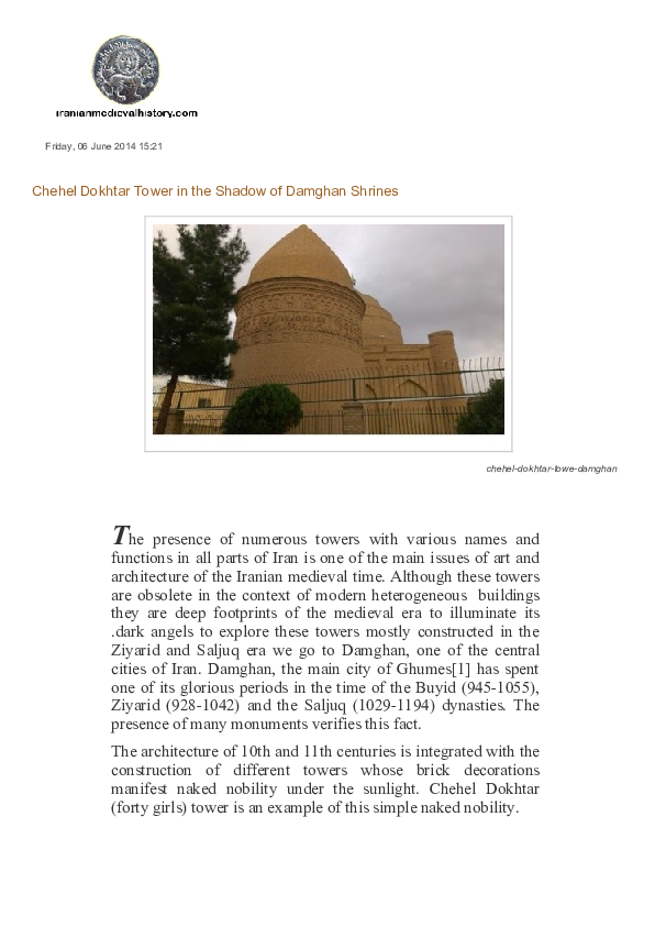 (PDF) Chehel Dokhtar Tower in the Shadow of Damghan Shrines