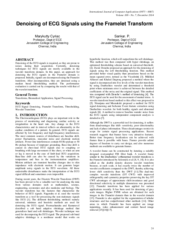 (PDF) Denoising of ECG Signals using the Framelet Transform
