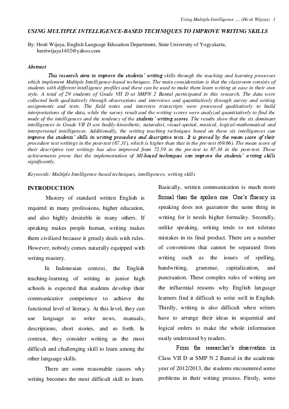 USING MULTIPLE INTELLIGENCE-BASED TECHNIQUES TO IMPROVE WRITING SKILLS