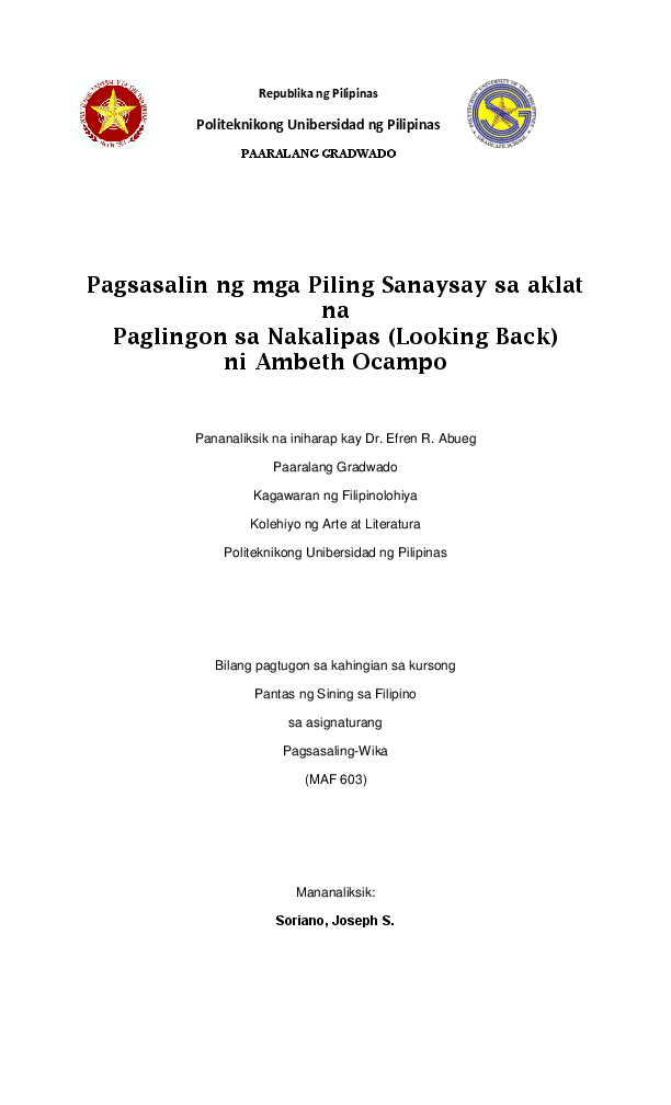 (DOC) Pagsasalin ng mga Piling Sanaysay sa aklat na Paglingon sa ...