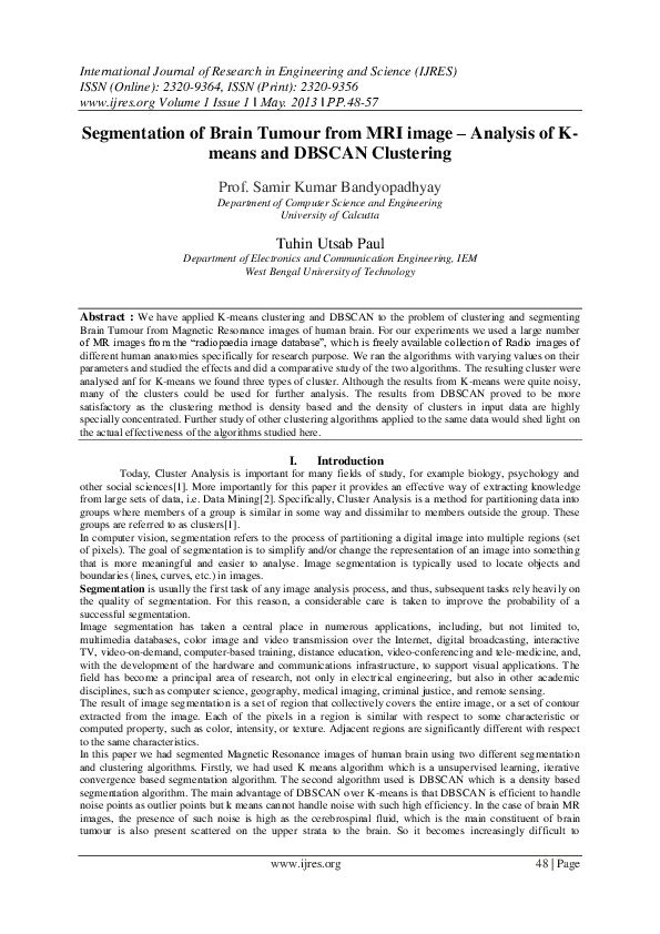 Pdf Segmentation Of Brain Tumour From Mri Image Analysis Of K Means And Dbscan Clustering