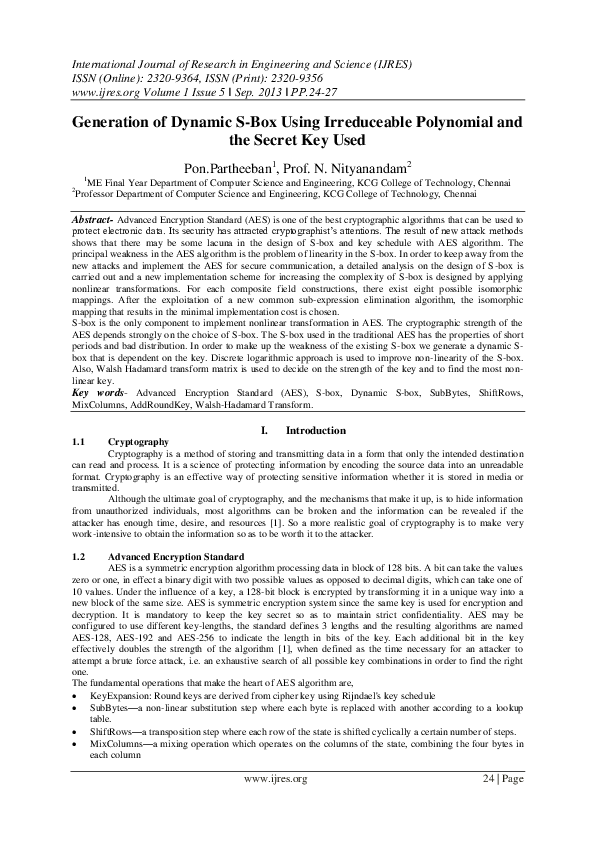 Pdf Generation Of Dynamic S Box Using Irreduceable Polynomial And The