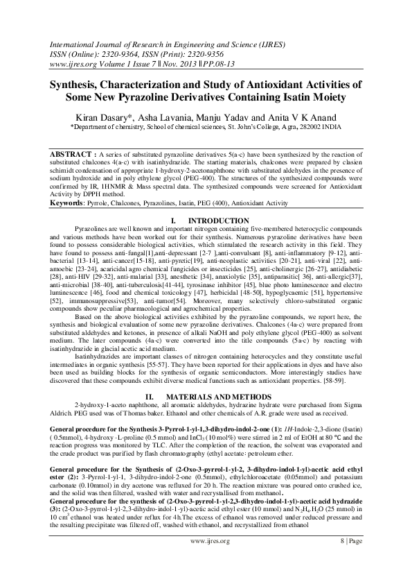 (PDF) Synthesis, Characterization and Study of Antioxidant Activities of Some New Pyrazoline ...