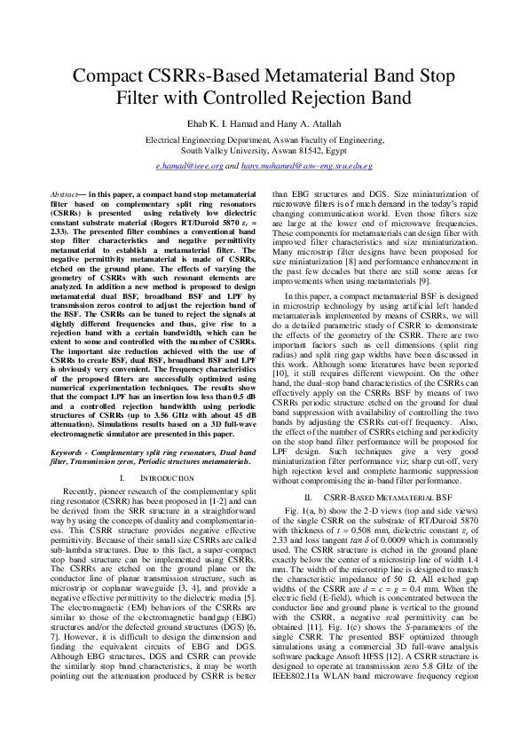 (PDF) Compact CSRRs-Based Metamaterial Band Stop Filter with Controlled ... (PDF) Compact CSRRs-Based Metamaterial Band Stop Filter with Controlled ...