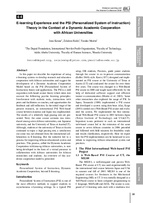 Pdf E Learning Experience And The Psi Personalized System Of Instruction Theory In The