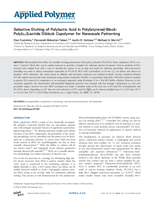 Pdf Selective Etching Of Polylactic Acid In Polystyrene Block Polydllactide Diblock