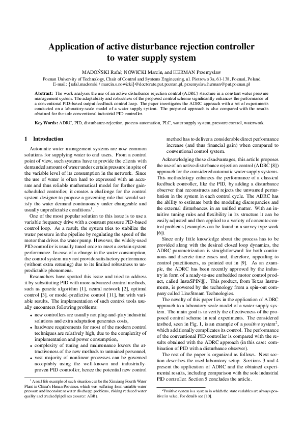 (PDF) Application of active disturbance rejection controller to water supply system