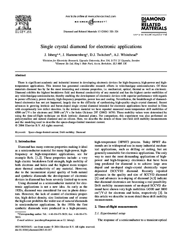 Single crystal diamond for electronic applications