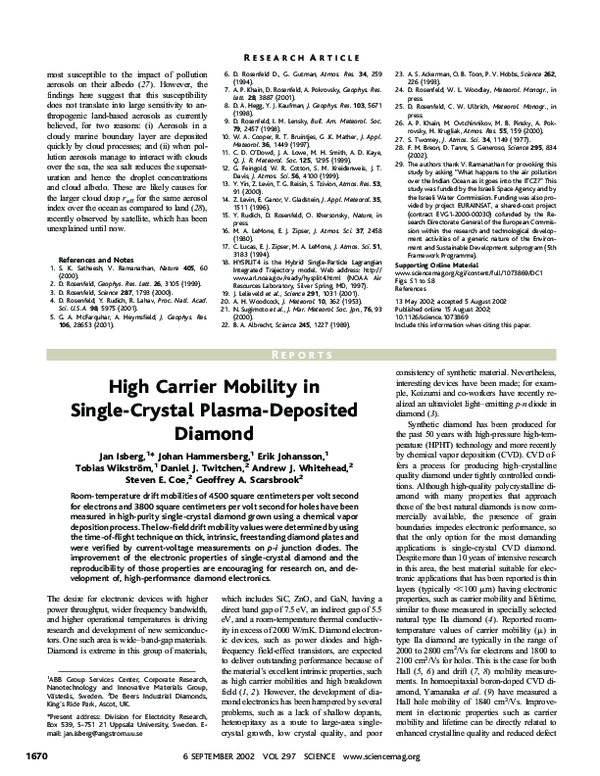High Carrier Mobility in Single-Crystal Plasma-Deposited Diamond