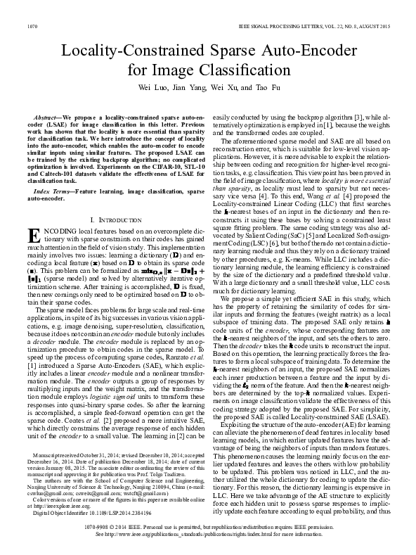 Pdf Locality Constrained Sparse Auto Encoder For Image Classification