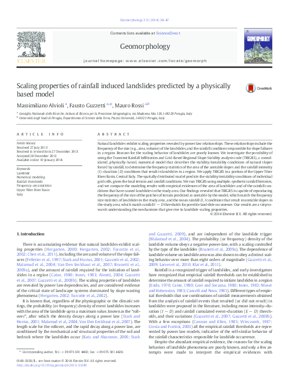 Scaling properties of rainfall induced landslides predicted by a physically based model