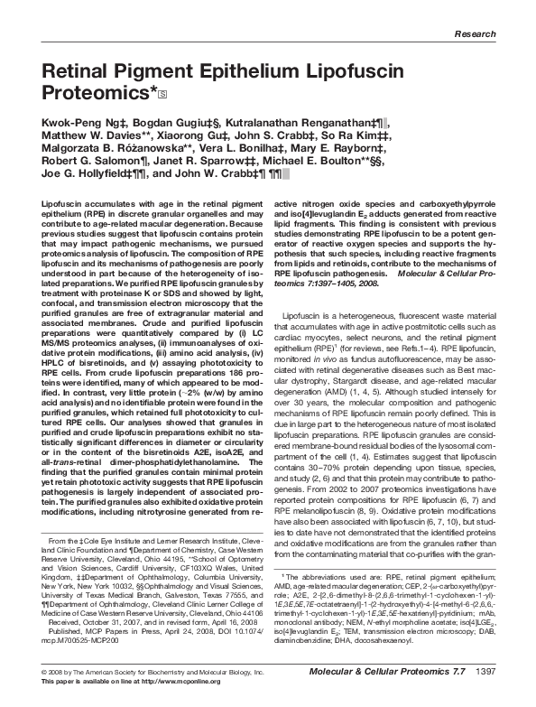 (PDF) Retinal Pigment Epithelium Lipofuscin Proteomics | Malgorzata ...