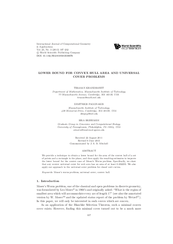 (PDF) LOWER BOUND FOR CONVEX HULL AREA AND UNIVERSAL COVER PROBLEMS