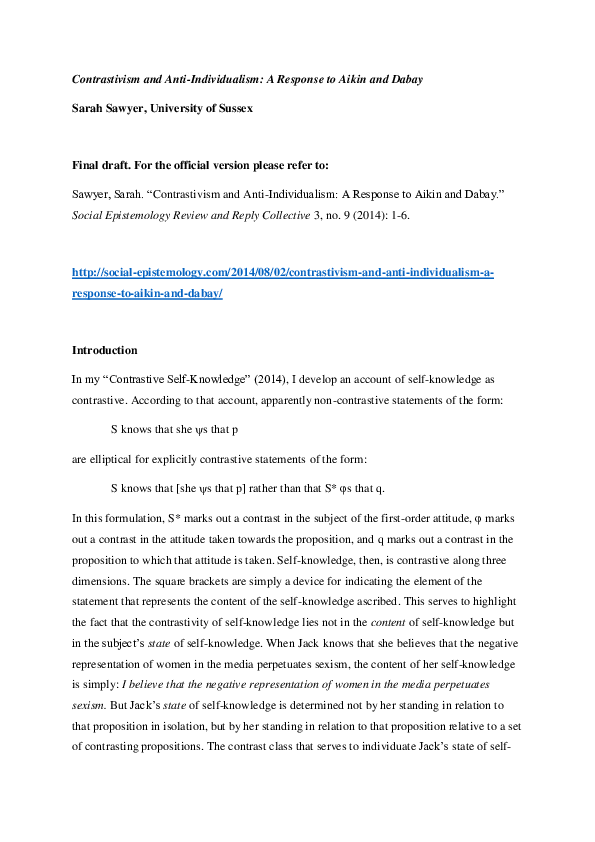 (PDF) Contrastivism and Anti-Individualism: A Response to Aikin and Dabay