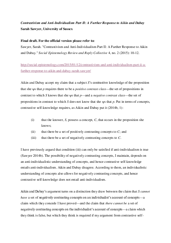 (PDF) Contrastivism and Anti-Individualism Part II: A Further Response ...