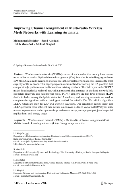 (PDF) Improving Channel Assignment in Multi-radio Wireless Mesh Networks with Learning Automata