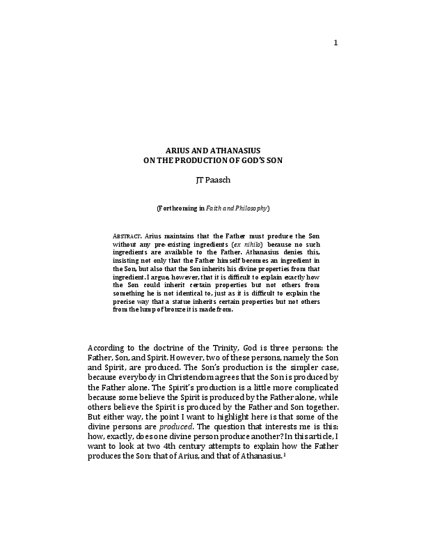 (PDF) Arius and Athanasius on the Production of God's Son