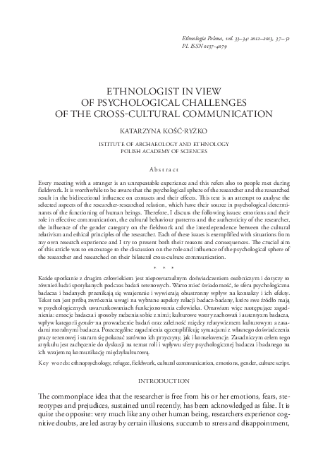 (PDF) Ethnologist in view of psychological challanges of the cross ...