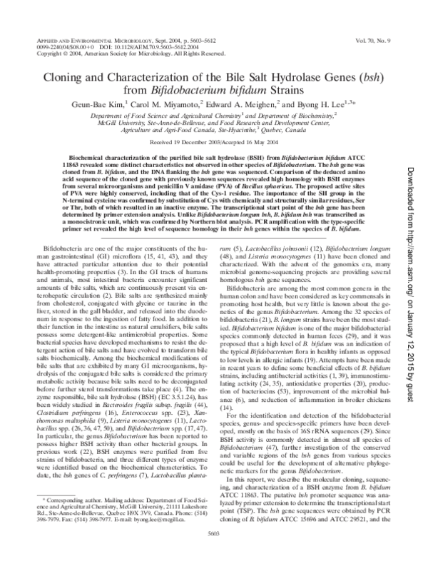 (PDF) Cloning and Characterization of the Bile Salt Hydrolase Genes (bsh) from Bifidobacterium ...
