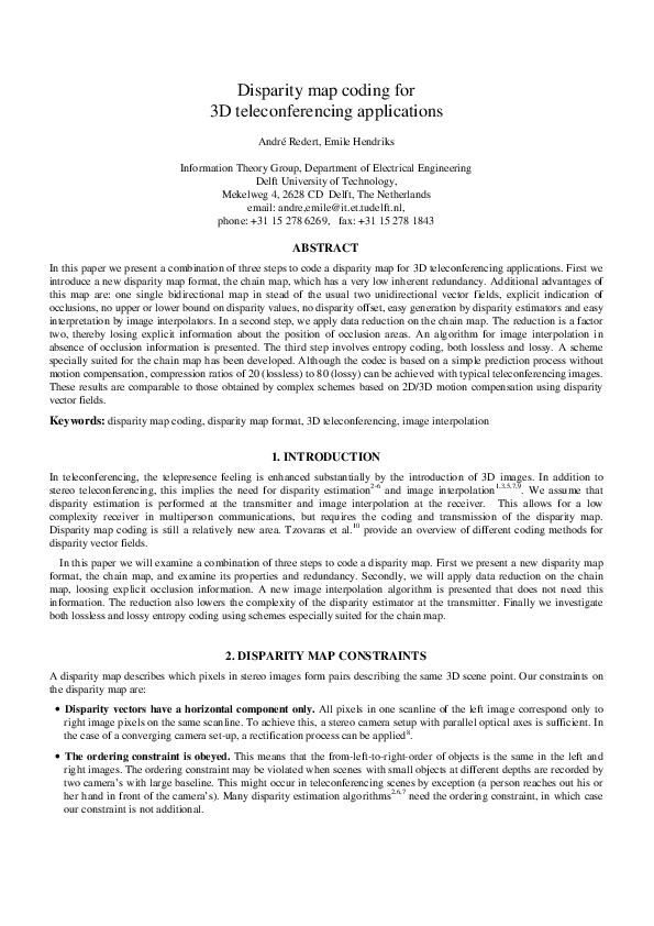 (PDF) Disparity Map Coding for 3D Teleconferencing Applications