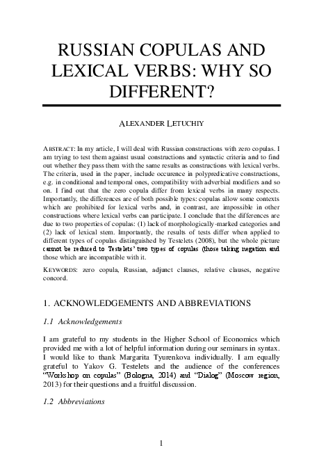 (PDF) RUSSIAN COPULAS AND LEXICAL VERBS: WHY SO DIFFERENT?