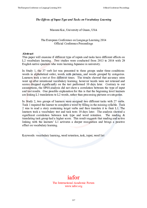 Pdf The Effects Of Input Type And Tasks On Vocabulary Learning