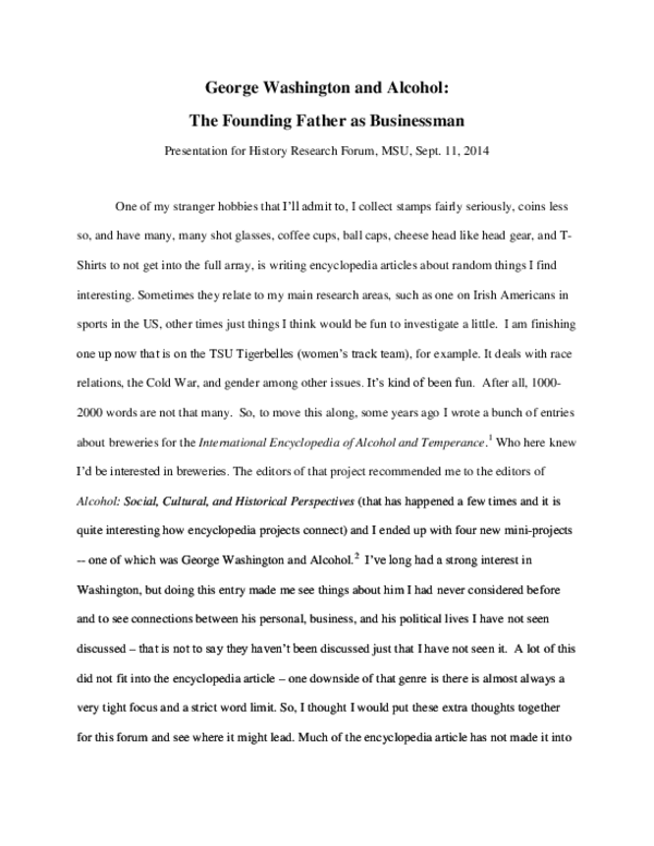 (DOC) George Washington and Alcohol: The Founding Father as Businessman