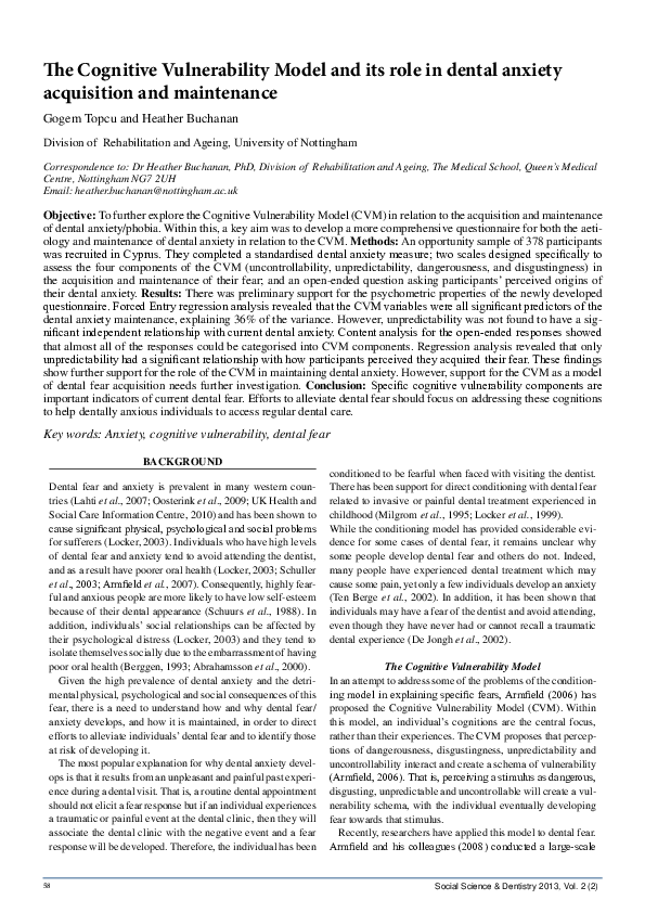 (PDF) The Cognitive Vulnerability Model and its role in dental anxiety ...