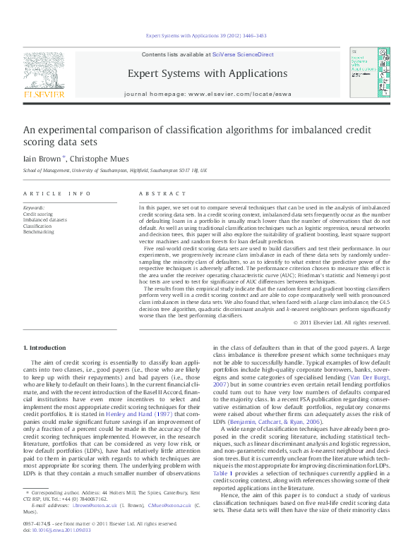 (PDF) Brown - An experimental comparison of classification algorithms for imbalanced credit ...
