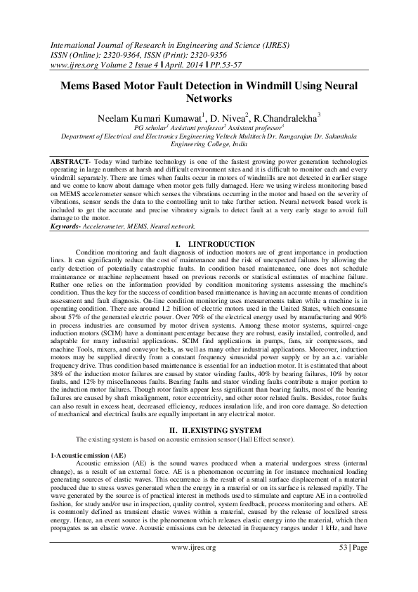 Pdf Mems Based Motor Fault Detection In Windmill Using Neural Networks