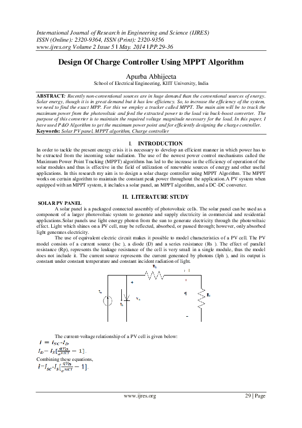 Pdf Design Of Charge Controller Using Mppt Algorithm