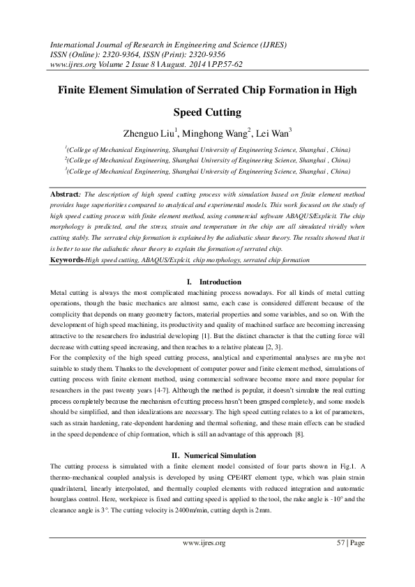 Finite Element Simulation Of Serrated Chip Formation In High Speed Cutting