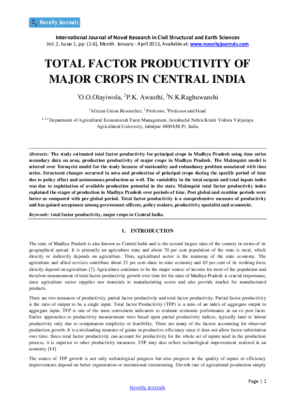 (PDF) total factor productivity of major crops in central india