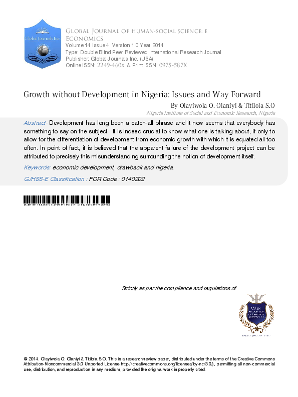 (PDF) Growth without Development in Nigeria: Issues and Way Forward