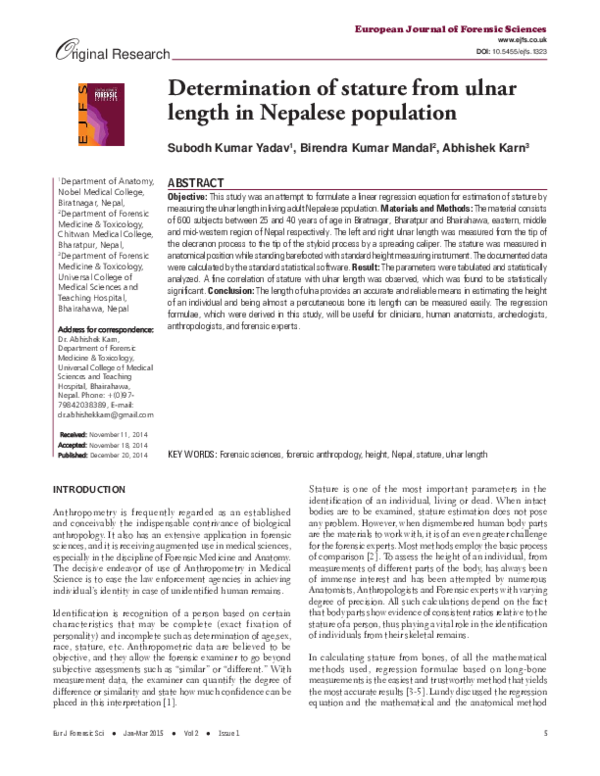 (PDF) Determination of stature from ulnar length in Nepalese population